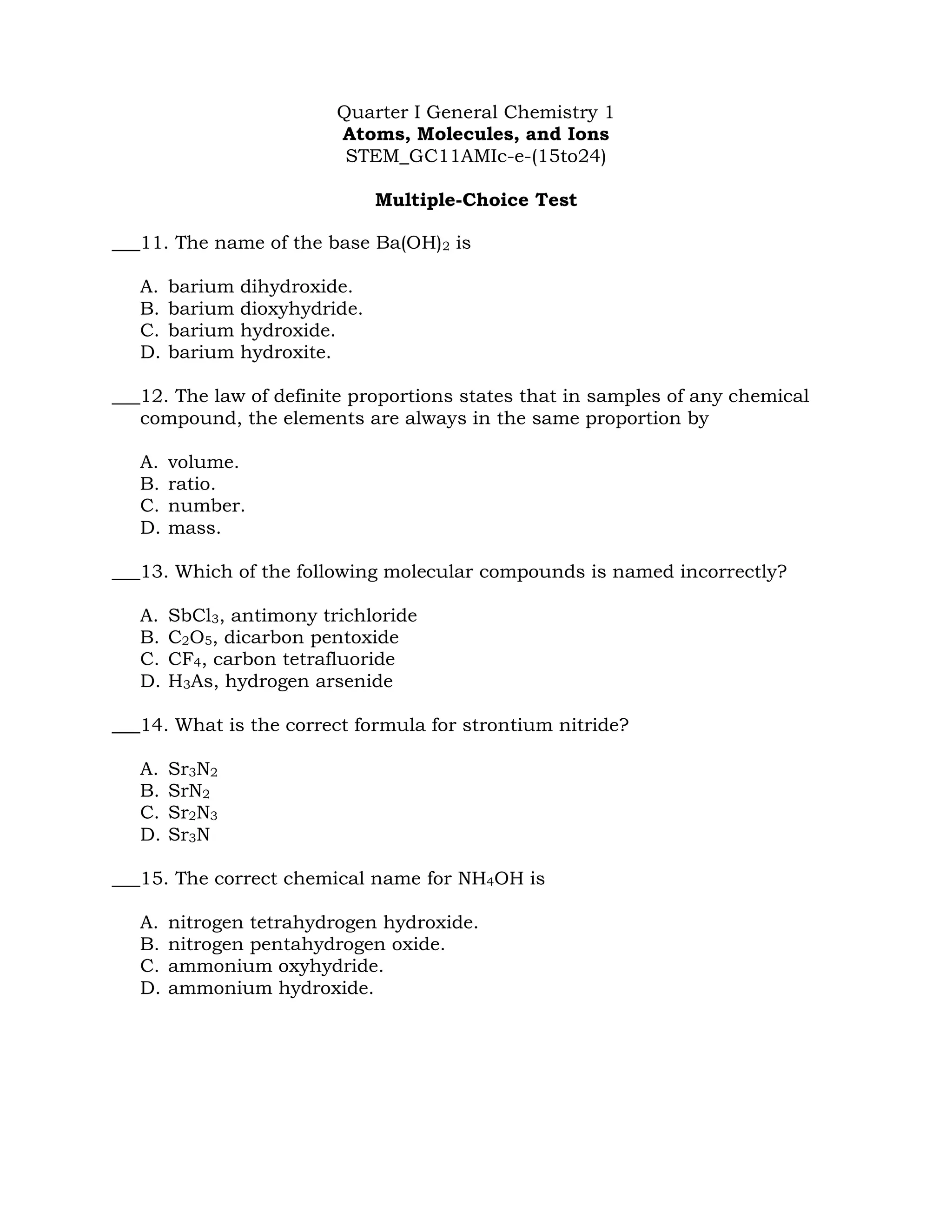 SHS STEM General Chemistry MCT 3. Atoms, Molecules, and Ions | PDF