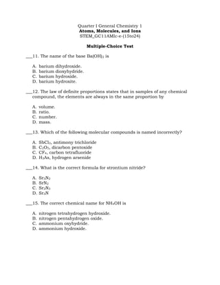 SHS STEM General Chemistry MCT 3. Atoms, Molecules, and Ions | PDF