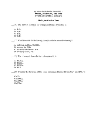 SHS STEM General Chemistry MCT 3. Atoms, Molecules, and Ions | PDF