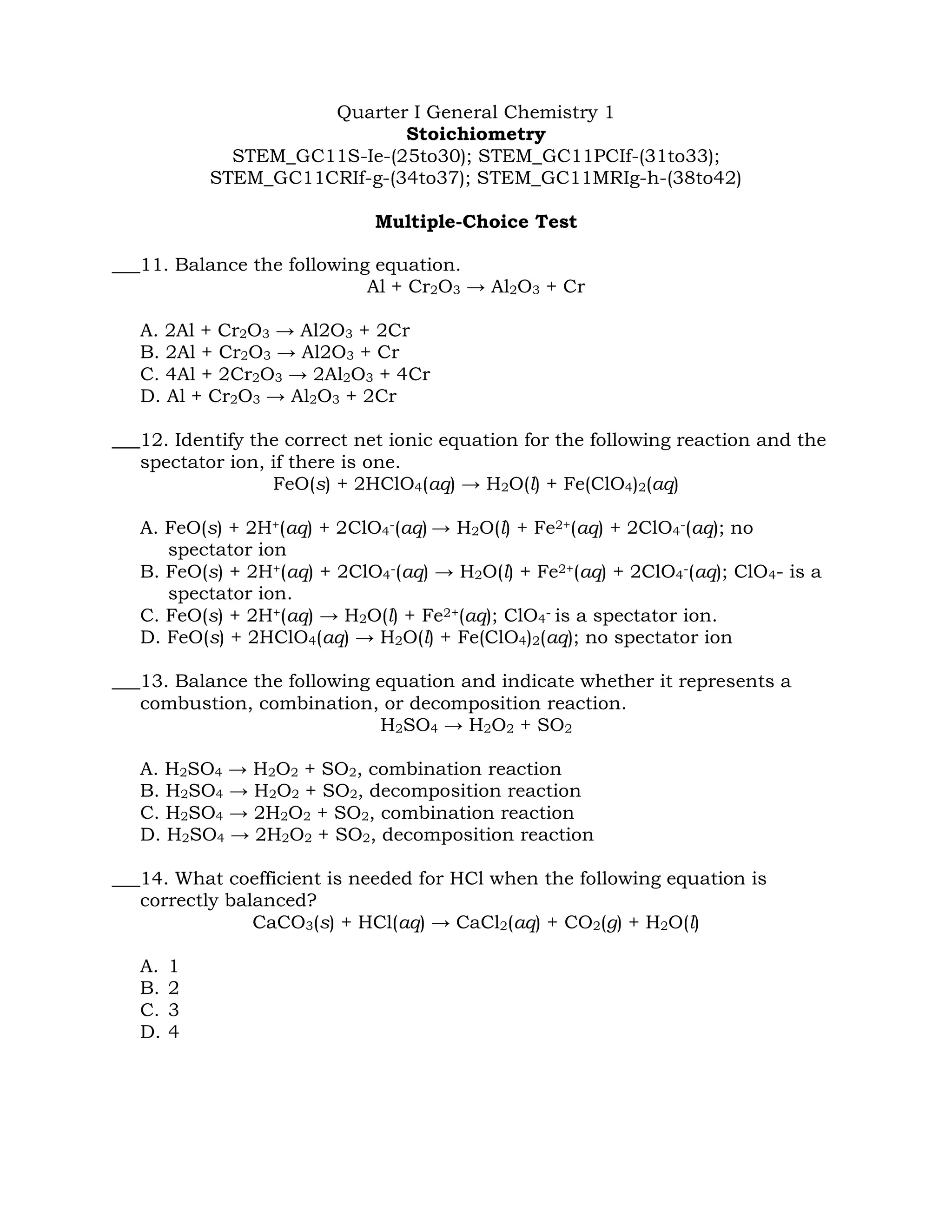 SHS STEM General Chemistry MCT 4. Stoichiometry | PDF