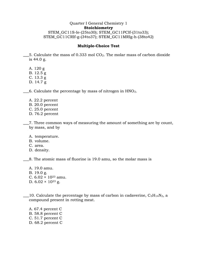 SHS STEM General Chemistry MCT 4. Stoichiometry | PDF
