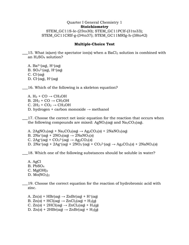 SHS STEM General Chemistry MCT 4. Stoichiometry | PDF