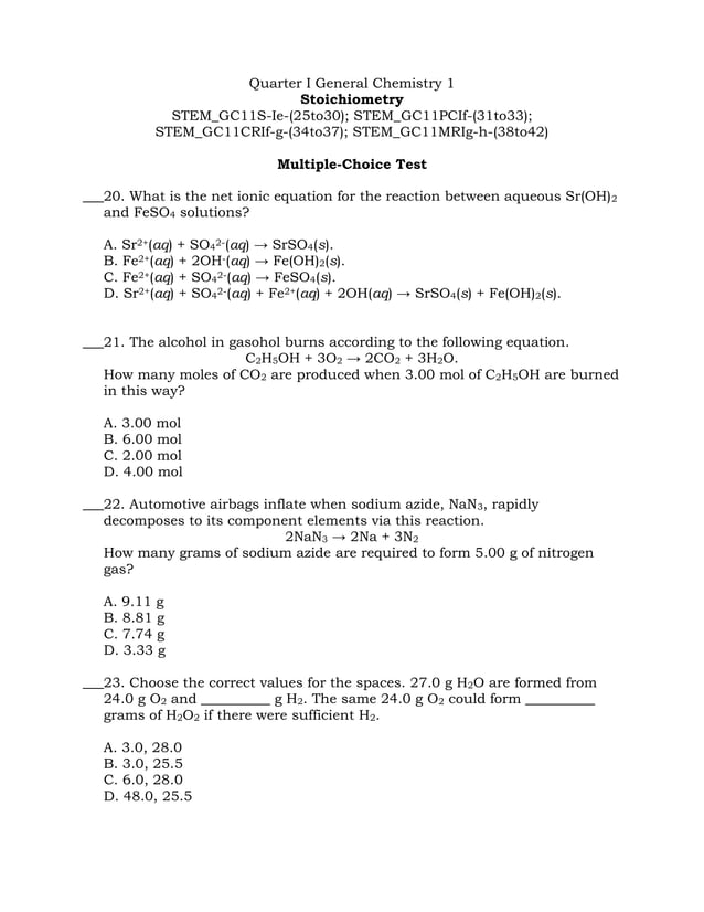 SHS STEM General Chemistry MCT 4. Stoichiometry | PDF
