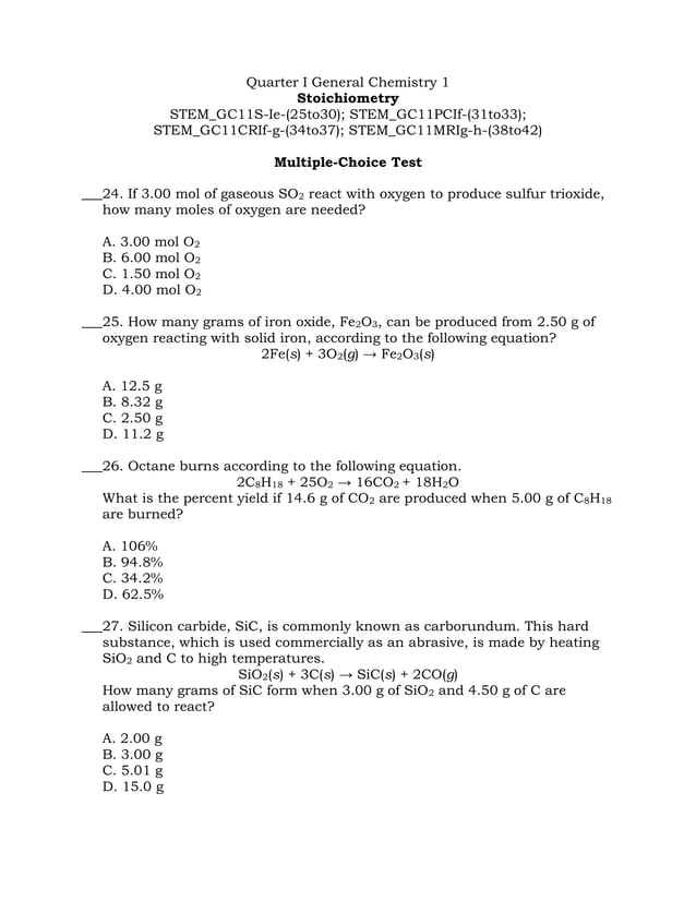 SHS STEM General Chemistry MCT 4. Stoichiometry | PDF