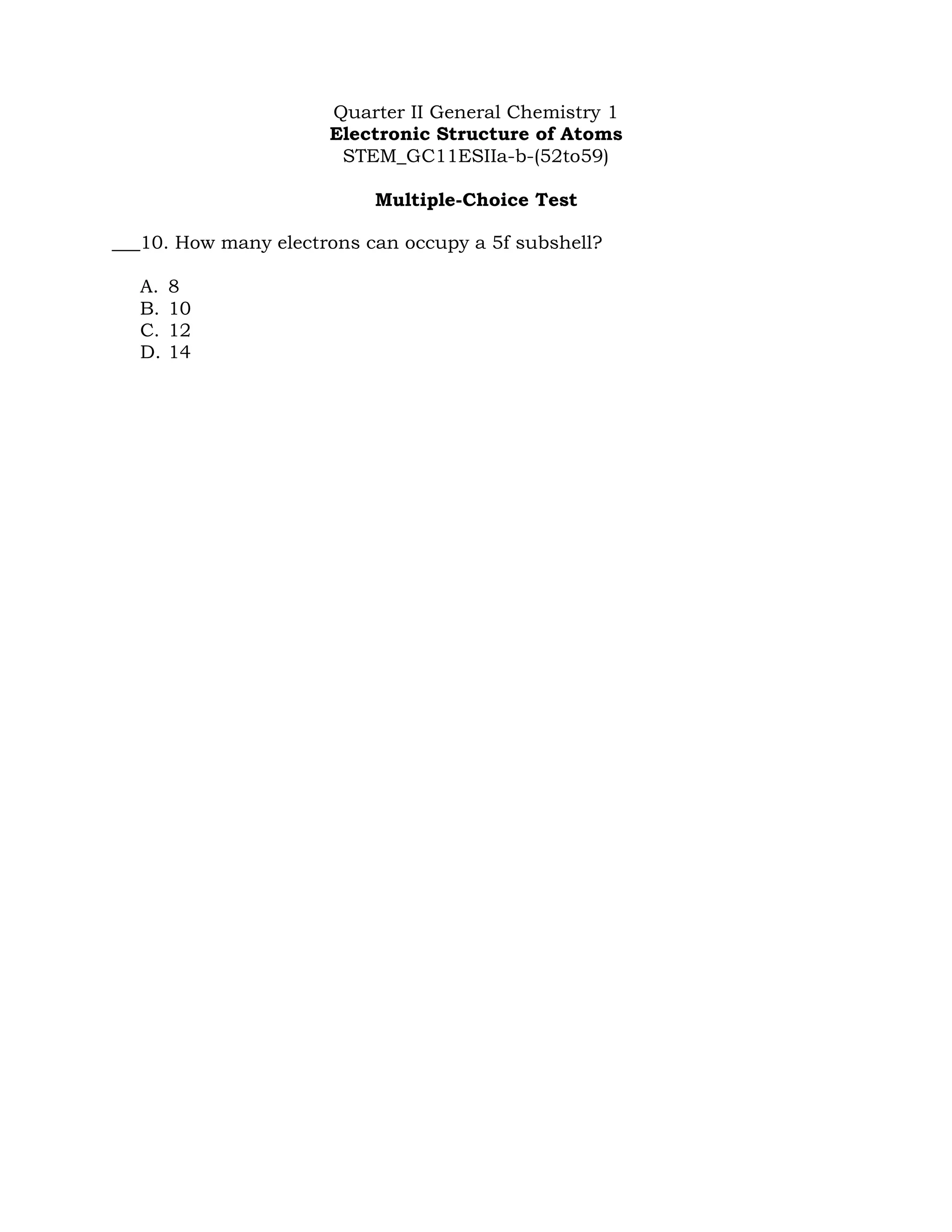 SHS STEM General Chemistry MCT 6. Electronic Structure of Atoms | PDF