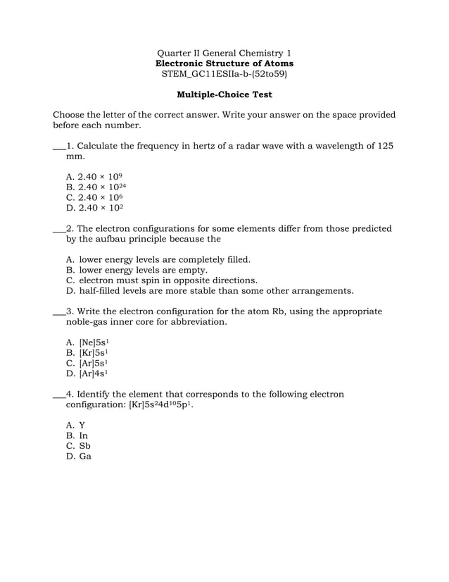 SHS STEM General Chemistry MCT 6. Electronic Structure of Atoms | PDF