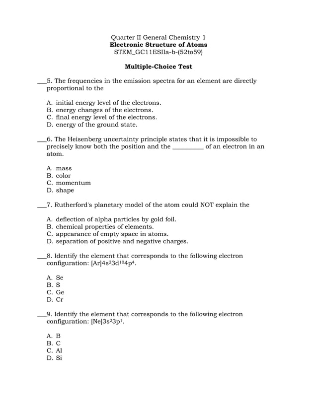 SHS STEM General Chemistry MCT 6. Electronic Structure of Atoms | PDF