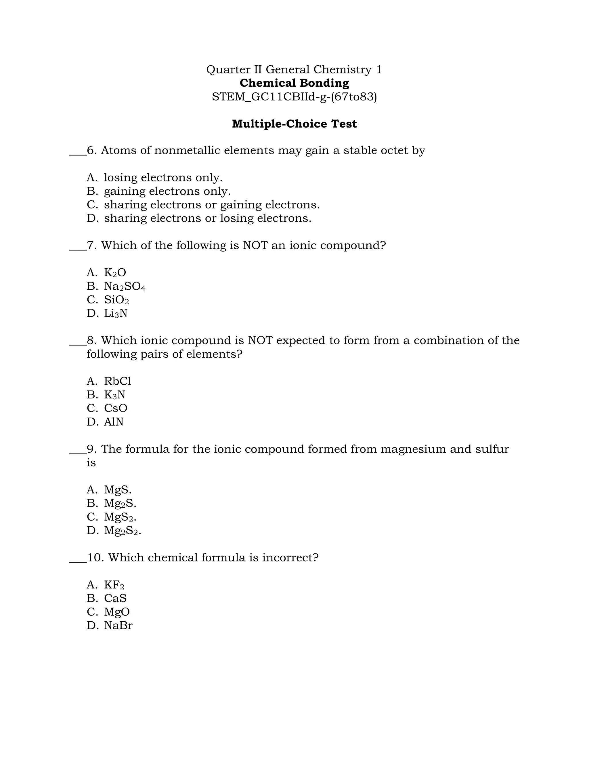SHS STEM General Chemistry MCT 8. Chemical Bonding | PDF