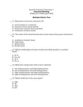 SHS STEM General Chemistry MCT 8. Chemical Bonding | PDF
