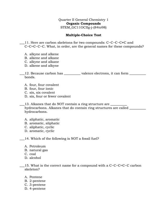SHS STEM General Chemistry MCT 9. Organic Compounds | PDF | Chemistry | Science