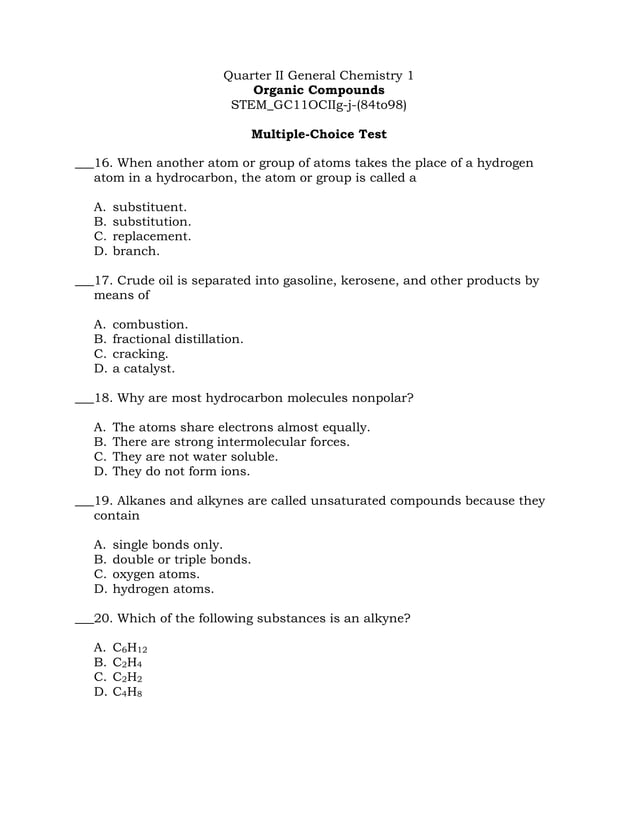 SHS STEM General Chemistry MCT 9. Organic Compounds | PDF | Chemistry | Science