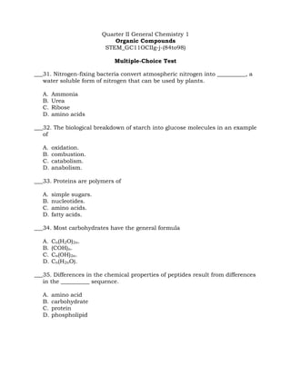SHS STEM General Chemistry MCT 9. Organic Compounds | PDF