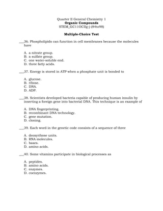 SHS STEM General Chemistry MCT 9. Organic Compounds | PDF
