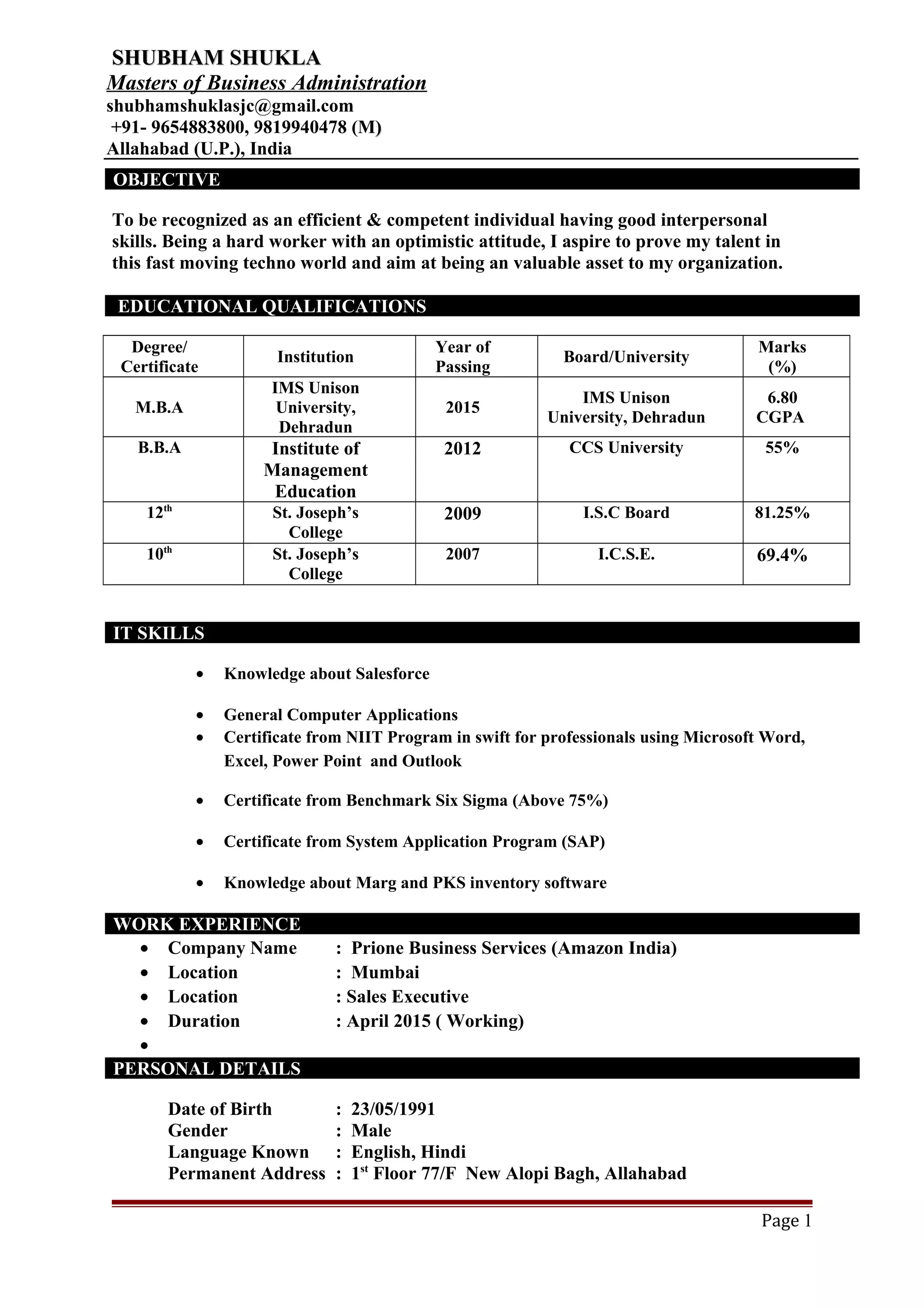 Shubham shukla resume | DOC