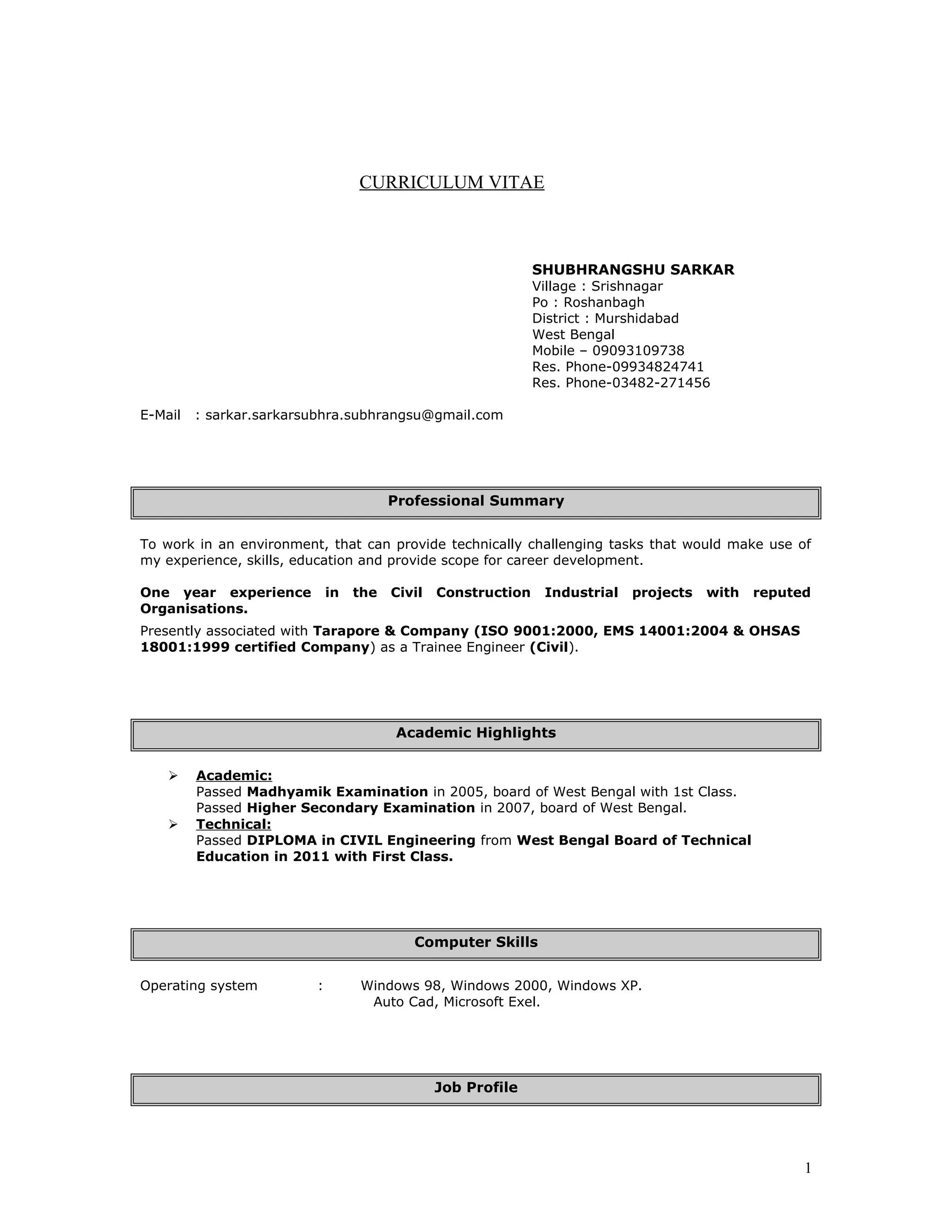 Shubhrangshu sarkar c.v | DOC