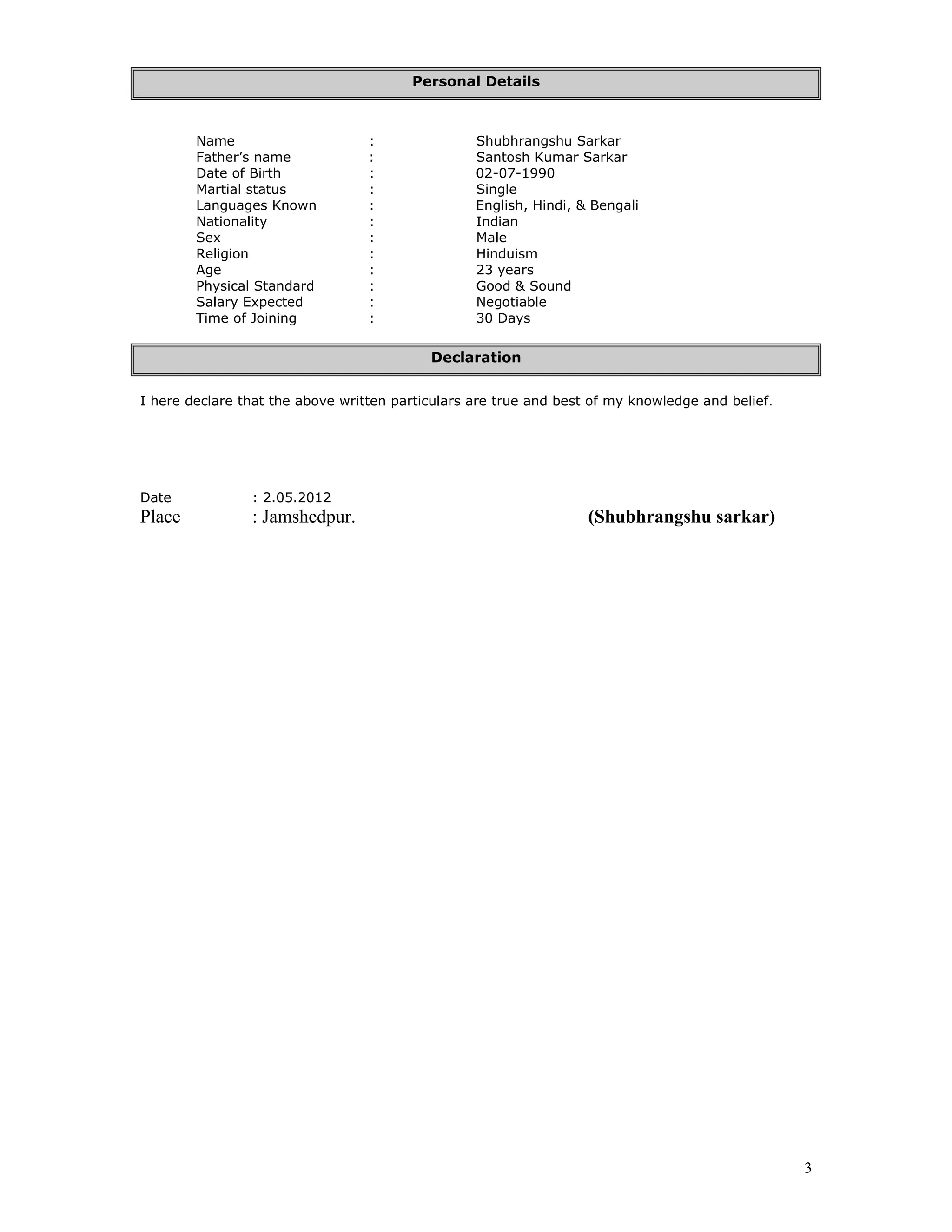 Shubhrangshu sarkar c.v | DOC