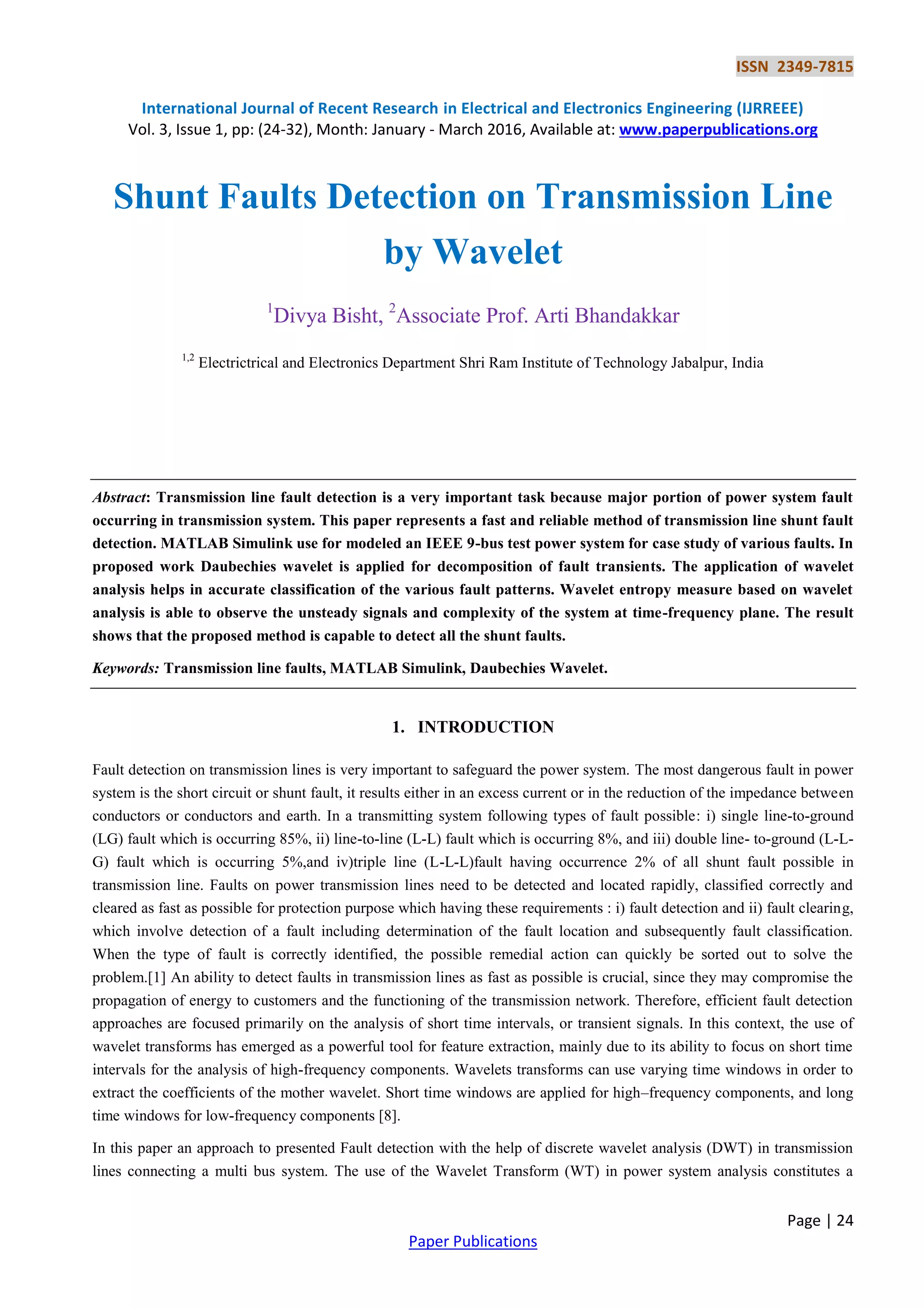 Shunt Faults Detection on Transmission Line by Wavelet | PDF