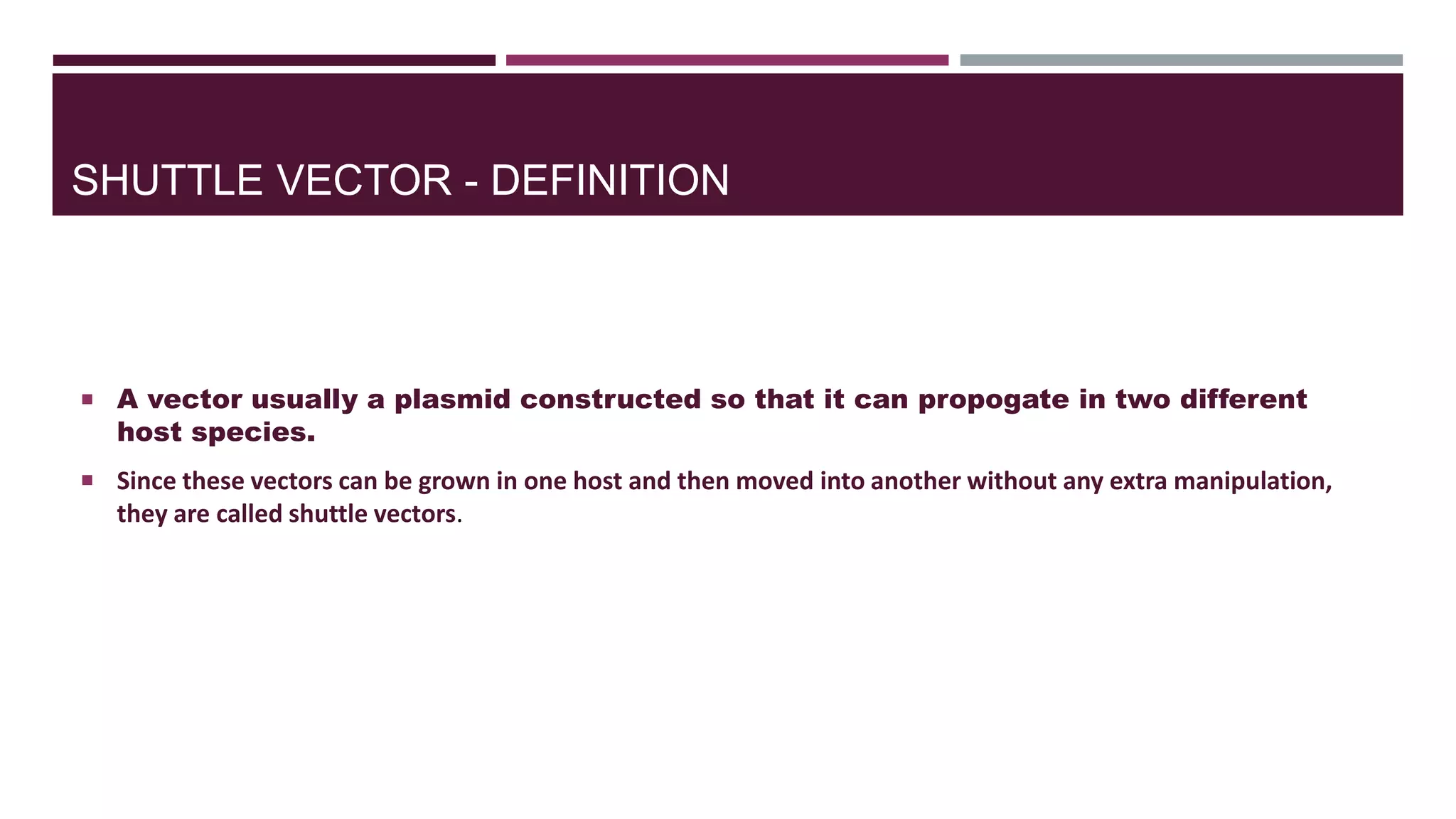 Shuttle vector - a plasmid vector used in rDNA technology. | PPTX