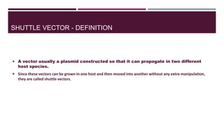 Shuttle vector - a plasmid vector used in rDNA technology. | PPTX