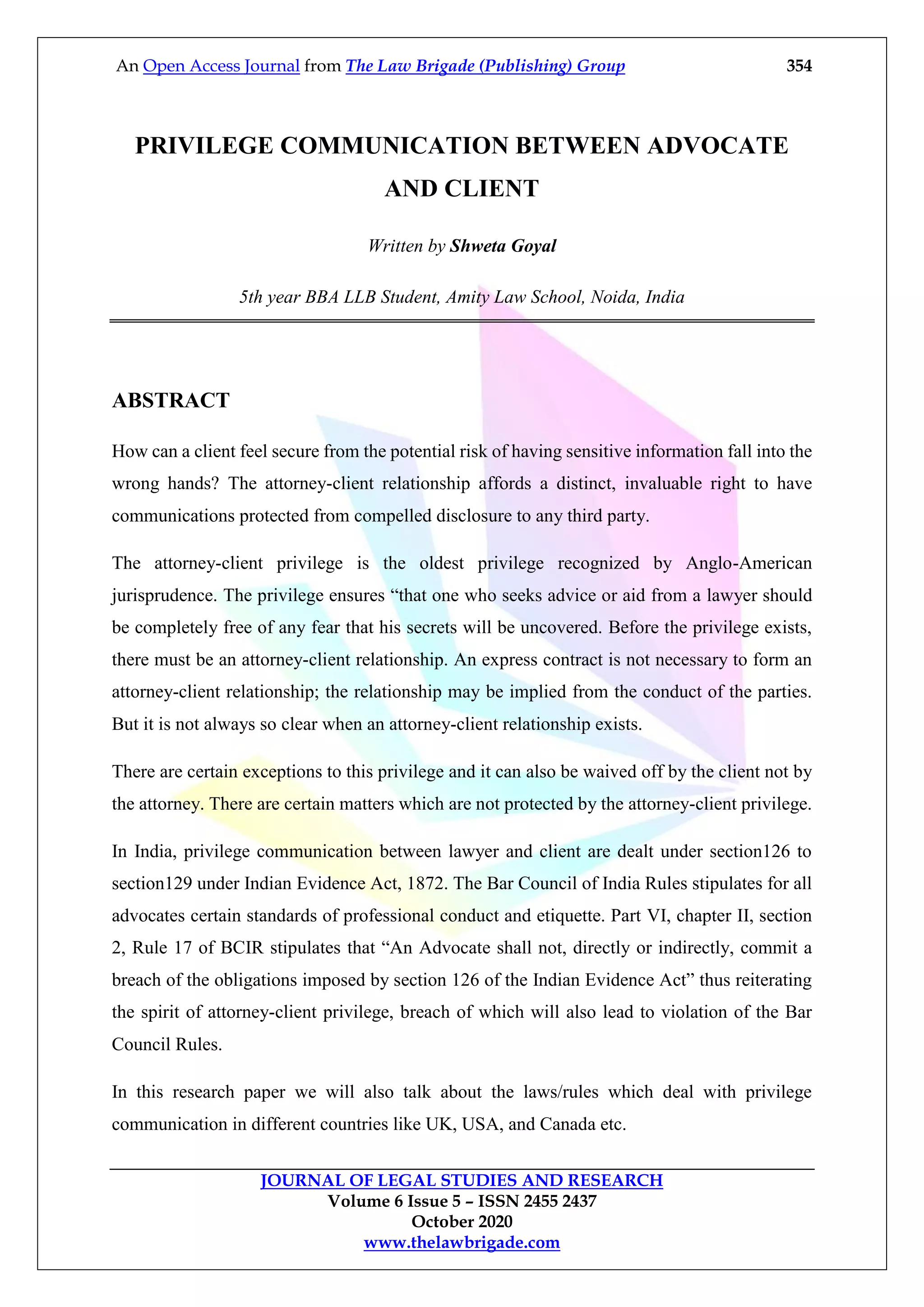 PRIVILEGE COMMUNICATION BETWEEN ADVOCATE AND CLIENT | PDF