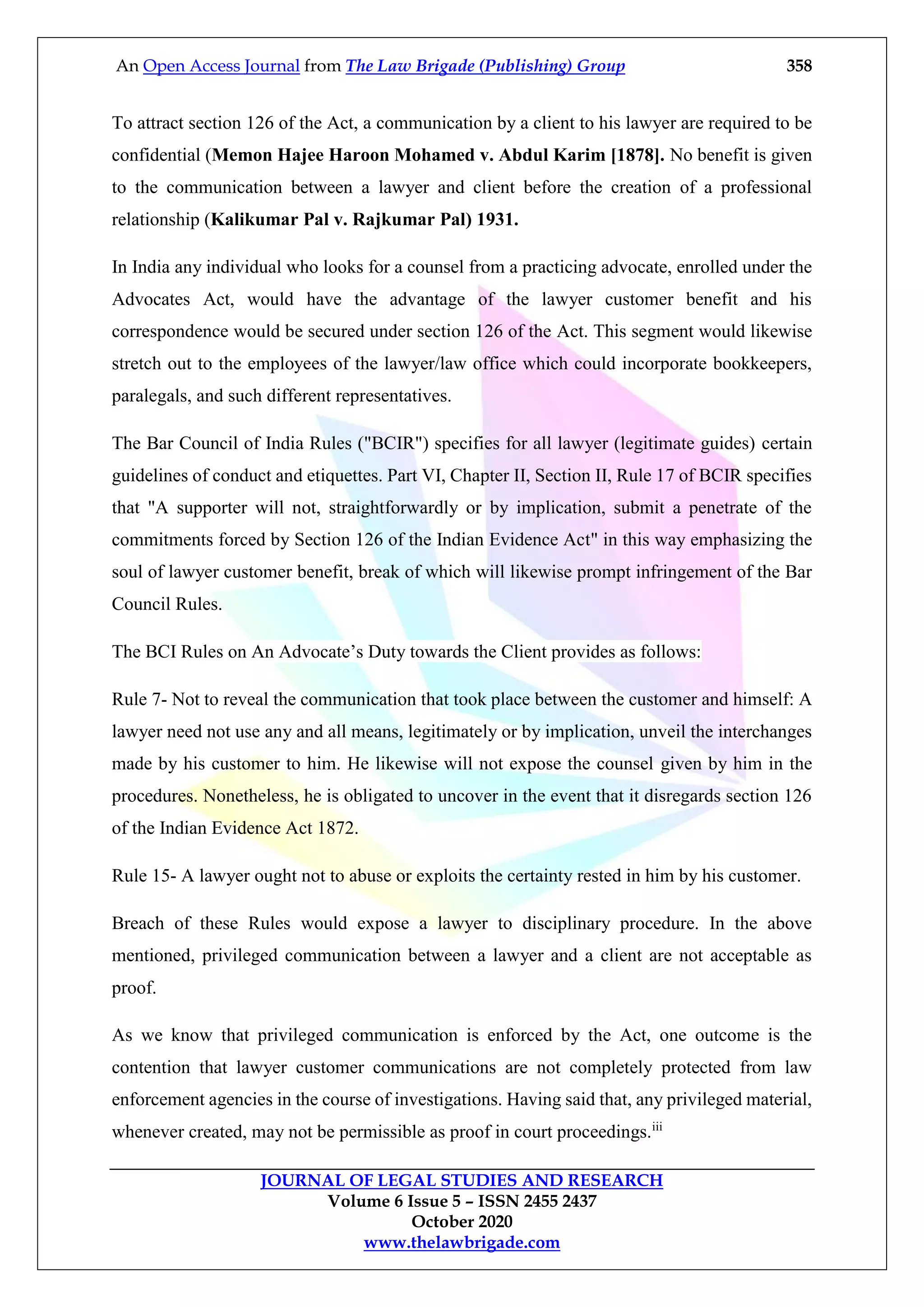 PRIVILEGE COMMUNICATION BETWEEN ADVOCATE AND CLIENT | PDF