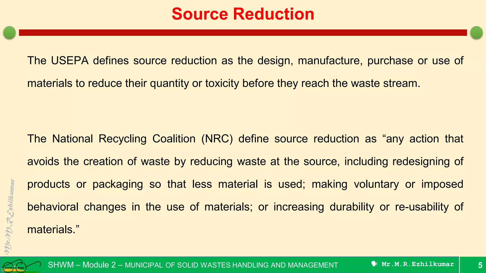 Source reduction of wastes - Municipal Solid Wastes | PDF