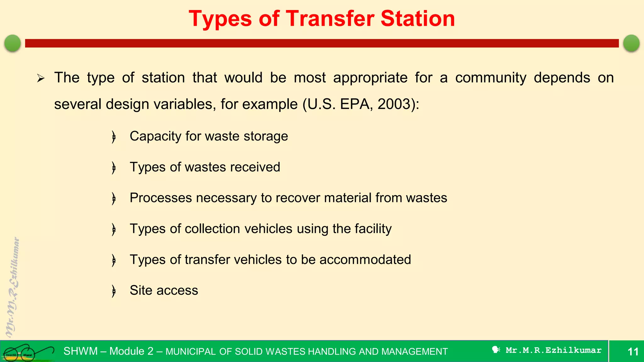 Types of transfer stations - Municipal Solid Wastes | PDF