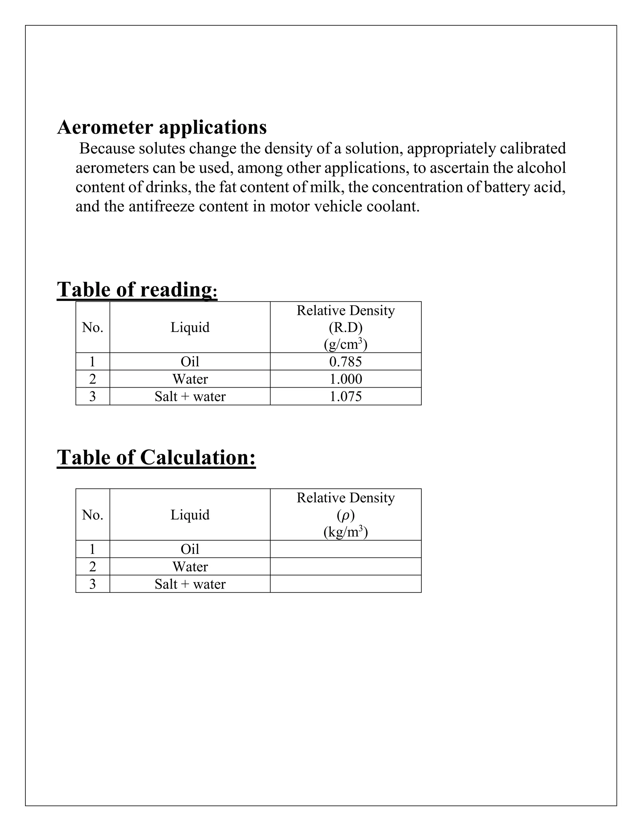 fluid lab. no.1 Aerometer or Hydrometer 2 | PDF