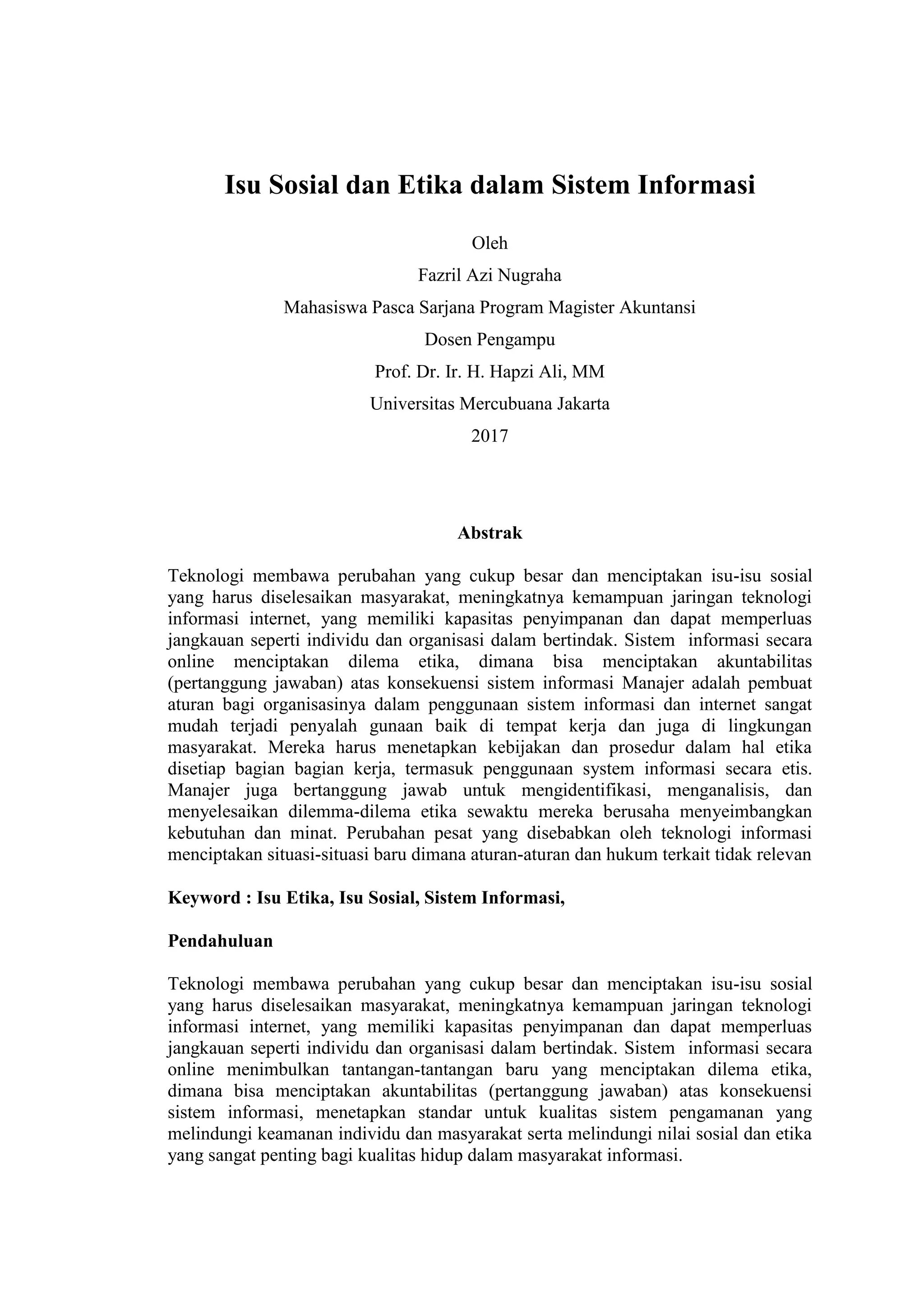 SI-PI, fazril azi nugraha, hapzi ali, isu sosial dan etika dalam sistem informasi, universitas ...