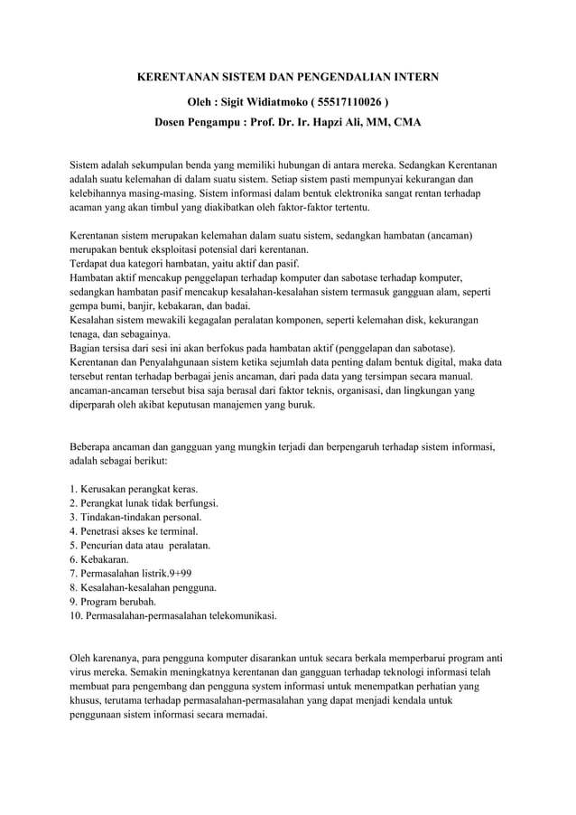 Si pi, sigit widiatmoko, hapzi ali, kerentanan sistem dan pengendalian intern | PDF