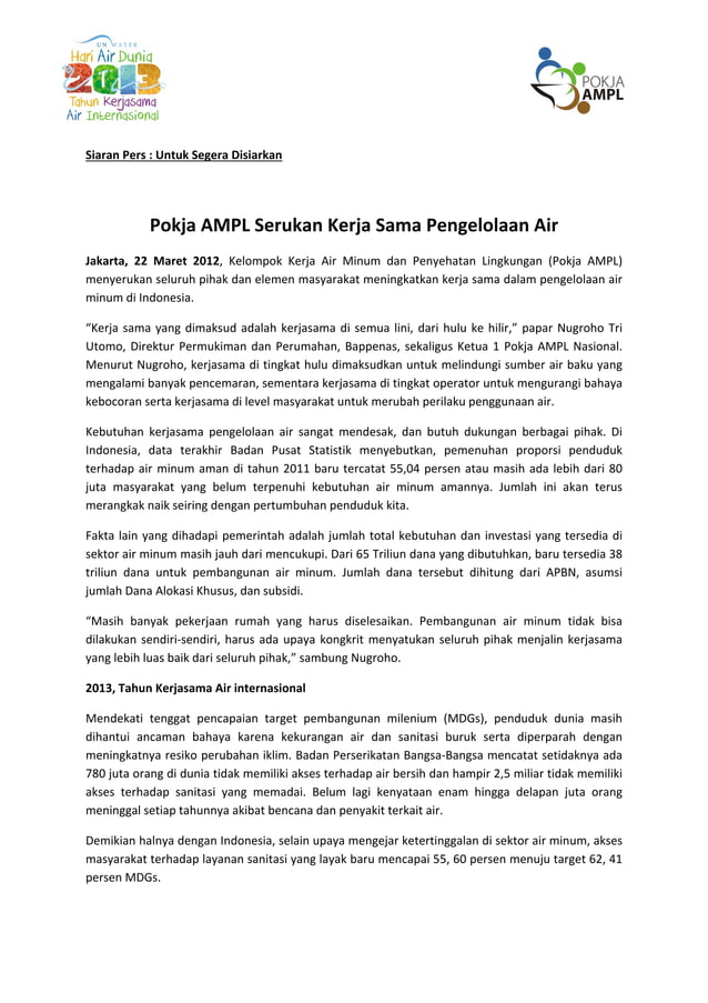 Siaran pers pokja ampl - hari air dunia 2013 | PDF