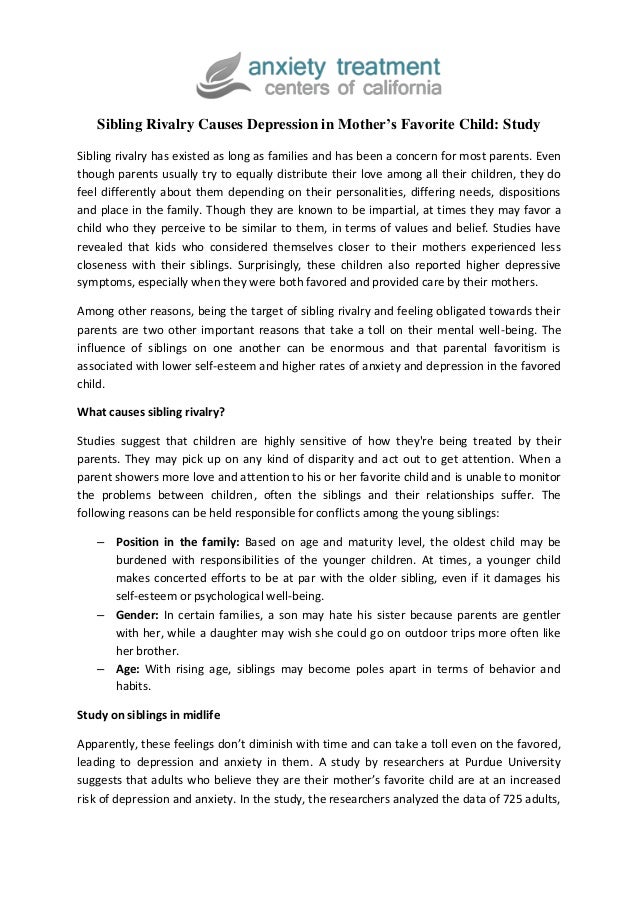 Sibling rivalry causes depression in mothers favorite child study