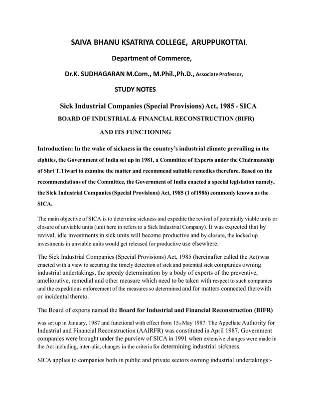 SICA and BIFR | PPTX | Healthcare Industry | Industries