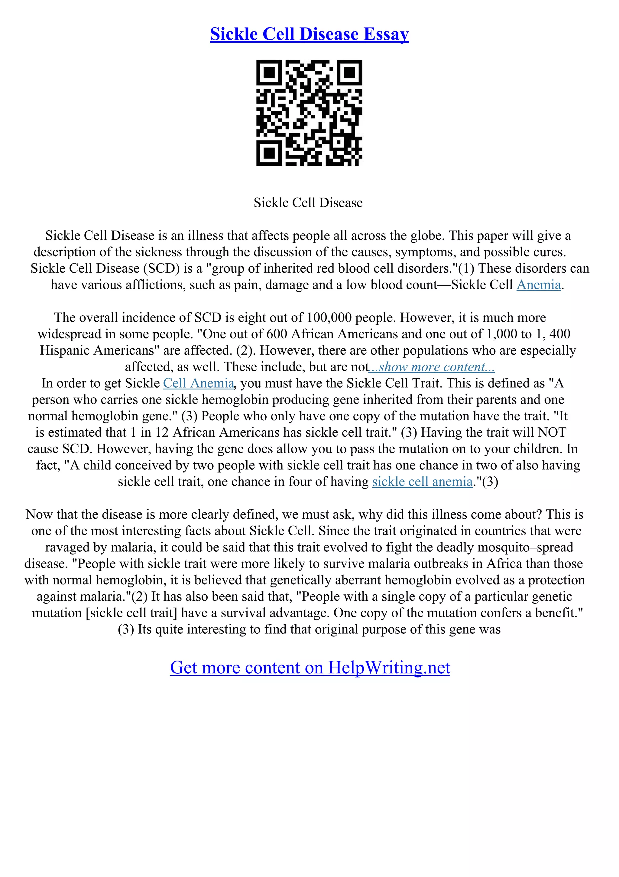 Sickle Cell Anemia Essay | PDF