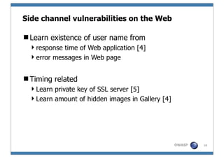 OWASP Germany 2010 - Side Channel Vulnerabilities on the Web ...