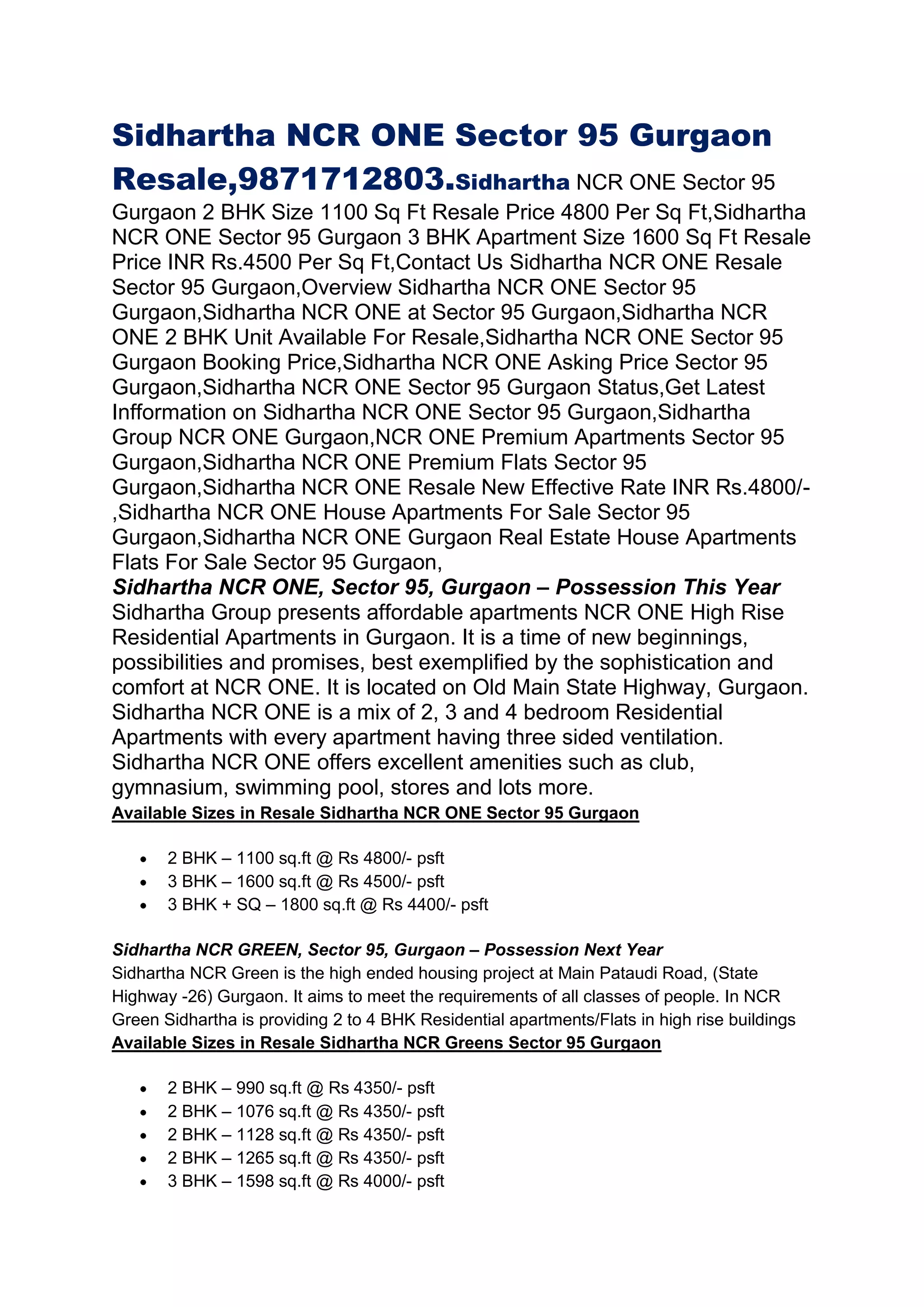 SIDHARTHA NCR ONE | PDF