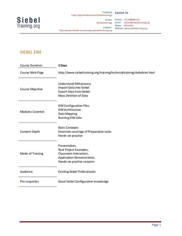 Siebel training.org siebel eim course schedule | PDF