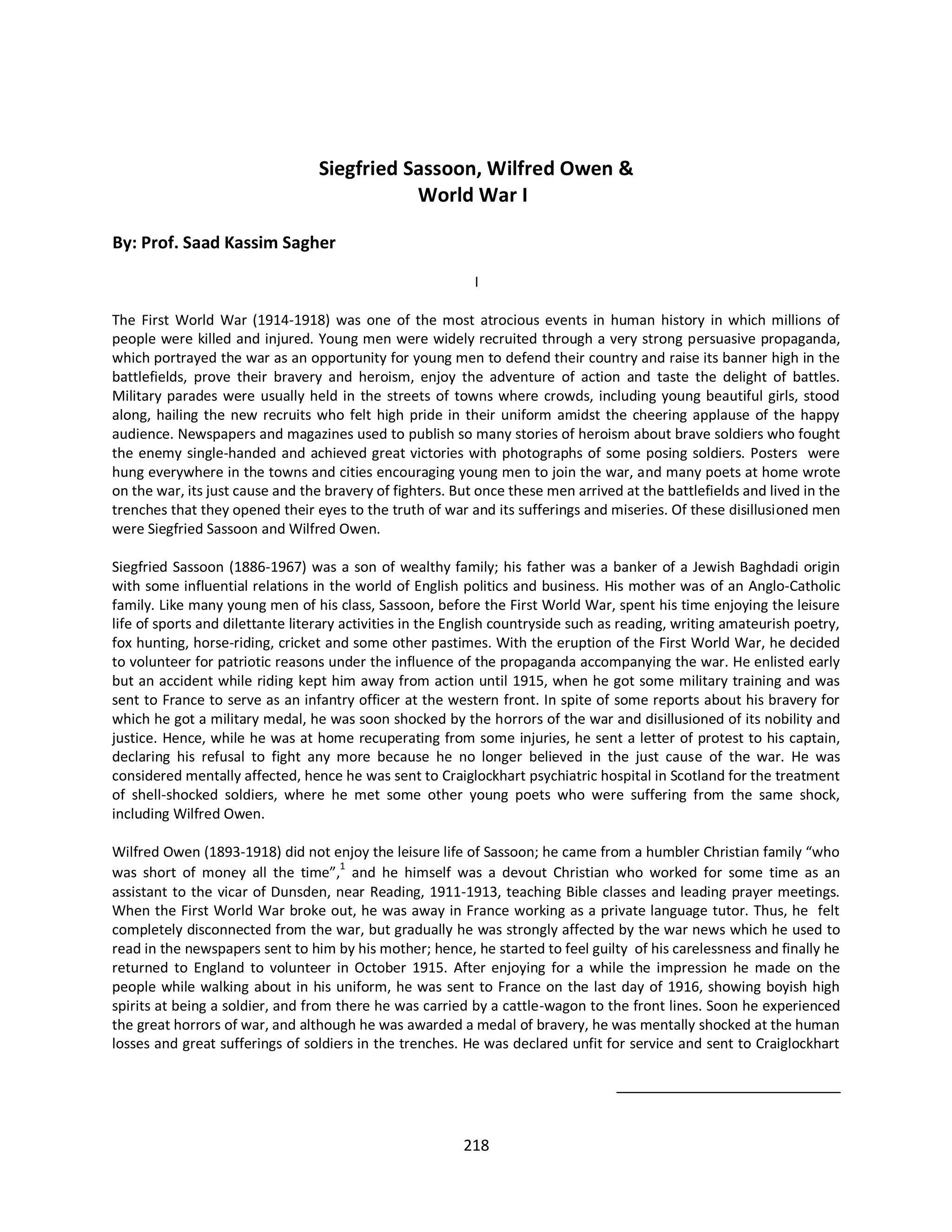 Siegfried Sassoon, Wilfred Owen & WWI | PDF