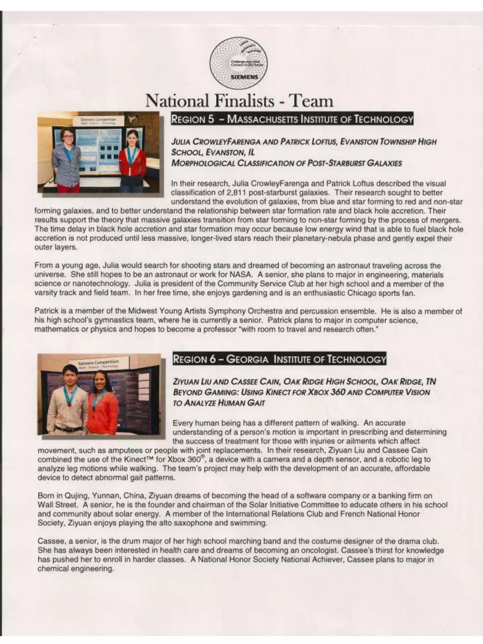 Siemens Competition: National Finalists 2011 | PDF