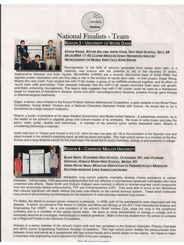 Siemens Competition: National Finalists 2011 | PDF | Free Download