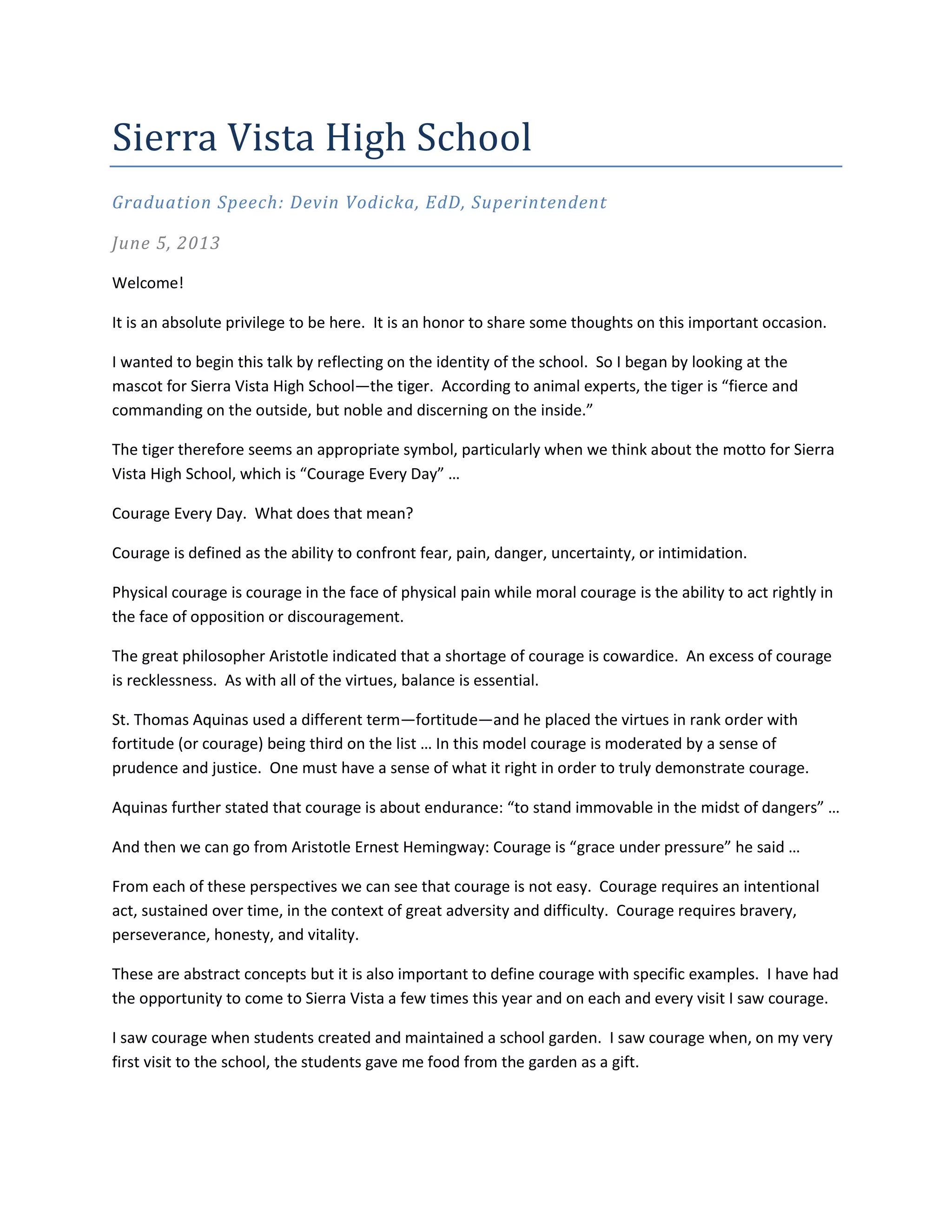 Sierra Vista Graduation Speech - Dr. Vodicka | PDF