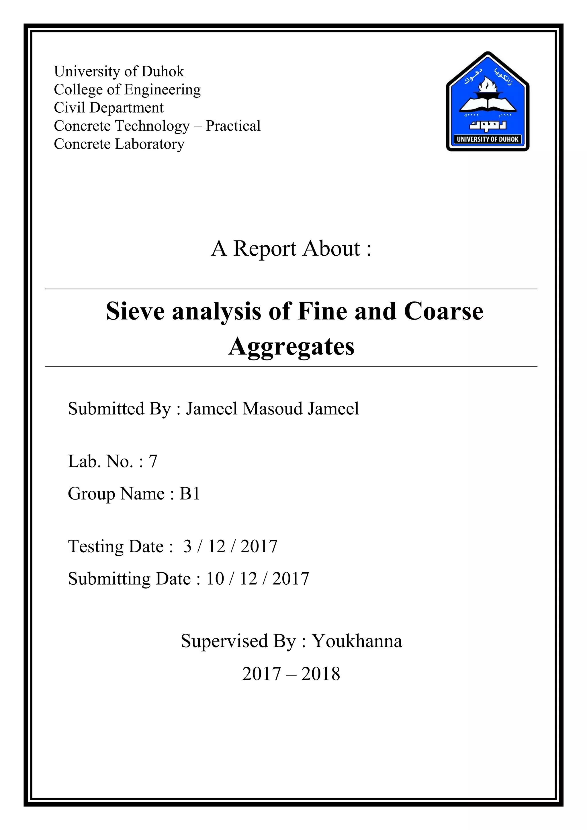 Sieve Analysis of Fine & Coarse Aggregate | Jameel Academy | PDF