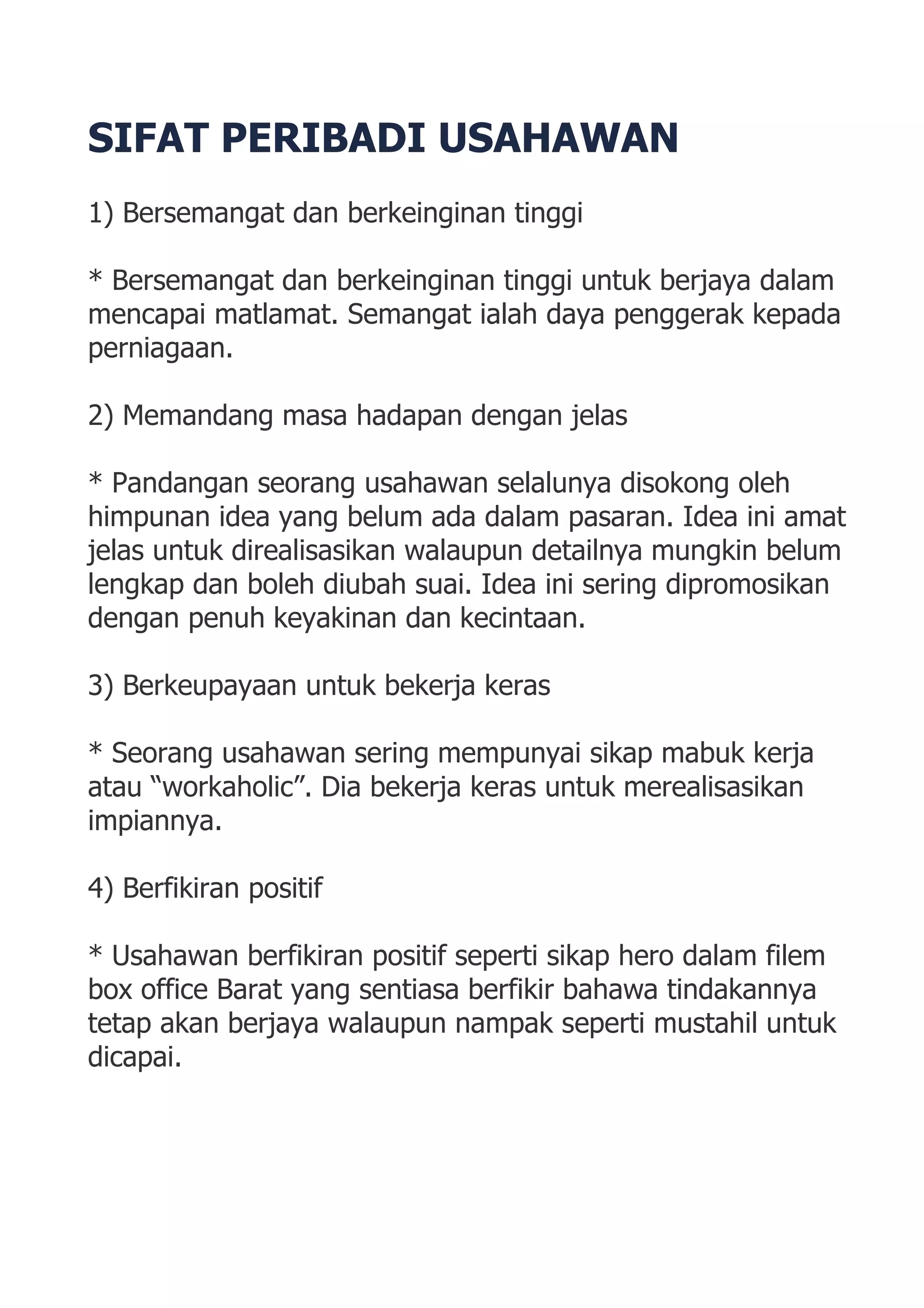 Sifat peribadi usahawan | DOCX