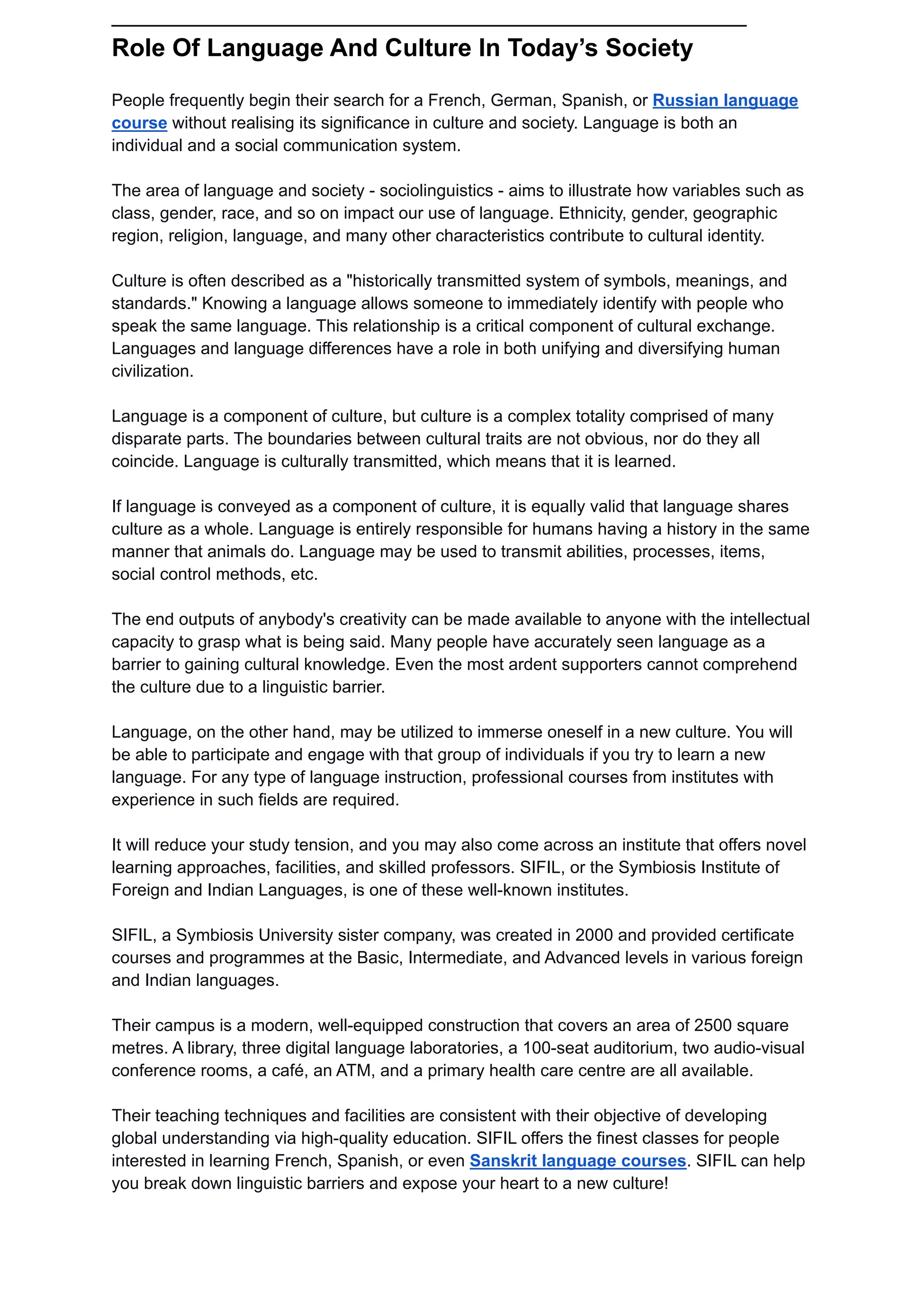 Role of Language and Culture In Today’s Society | PDF