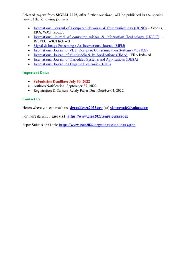 8th International Conference on Signal, Image Processing and Embedded Systems (SIGEM 2022) | PDF ...