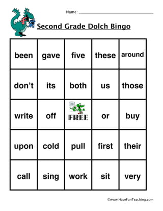 Sight word-bingo-second | PDF