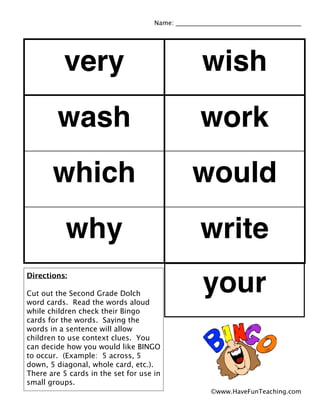 Sight word-bingo-second | PDF