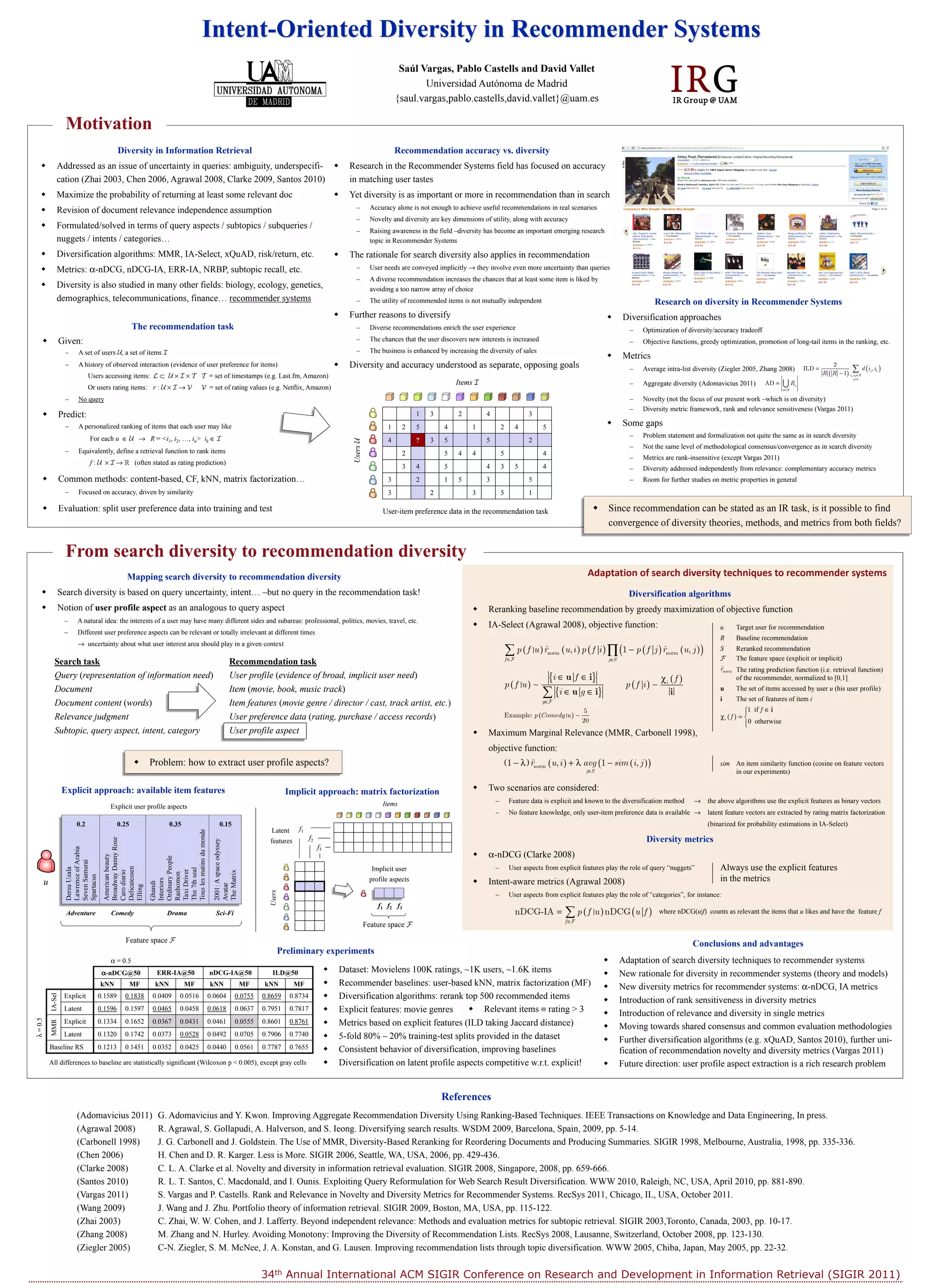 SIGIR 2011 Poster - Intent-Oriented Diversity in Recommender Systems | PDF