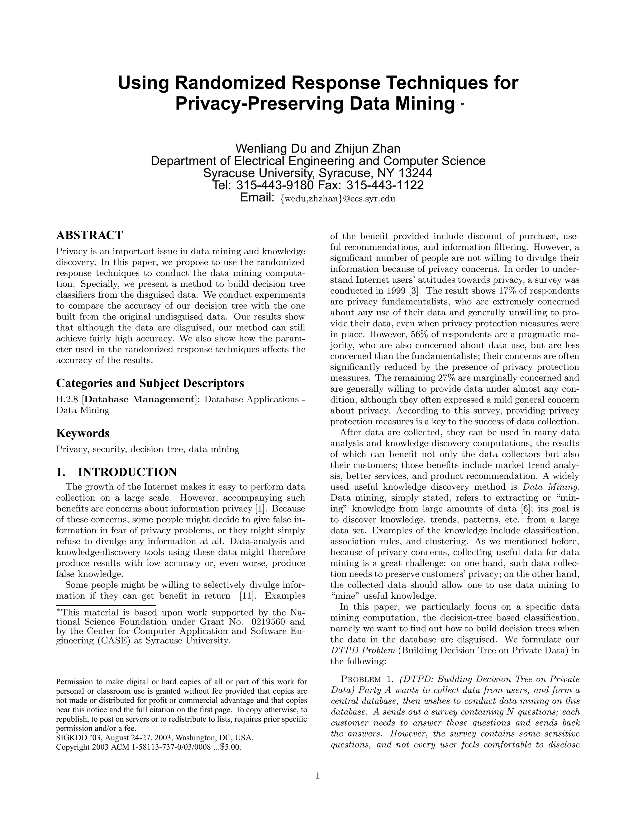Using Randomized Response Techniques for Privacy-Preserving Decision Tree Classification | PDF