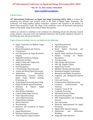 10th International Conference on Signal and Image Processing (SIGL 2023) | PDF